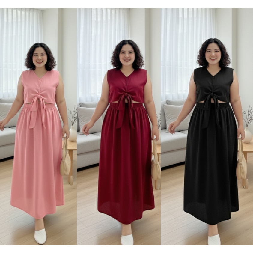 EBPH Plus Size Cotton Linen Coordinates Set (L–2XL) – Tie-Front Top ...