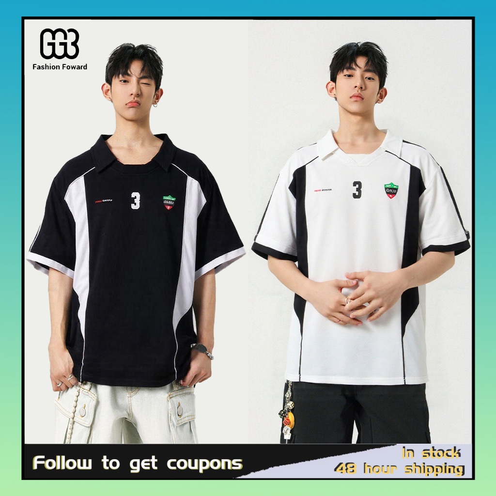 Korean Style Cotton Men's V-Neck Striped Polo Shirt Short Sleeve Loose ...