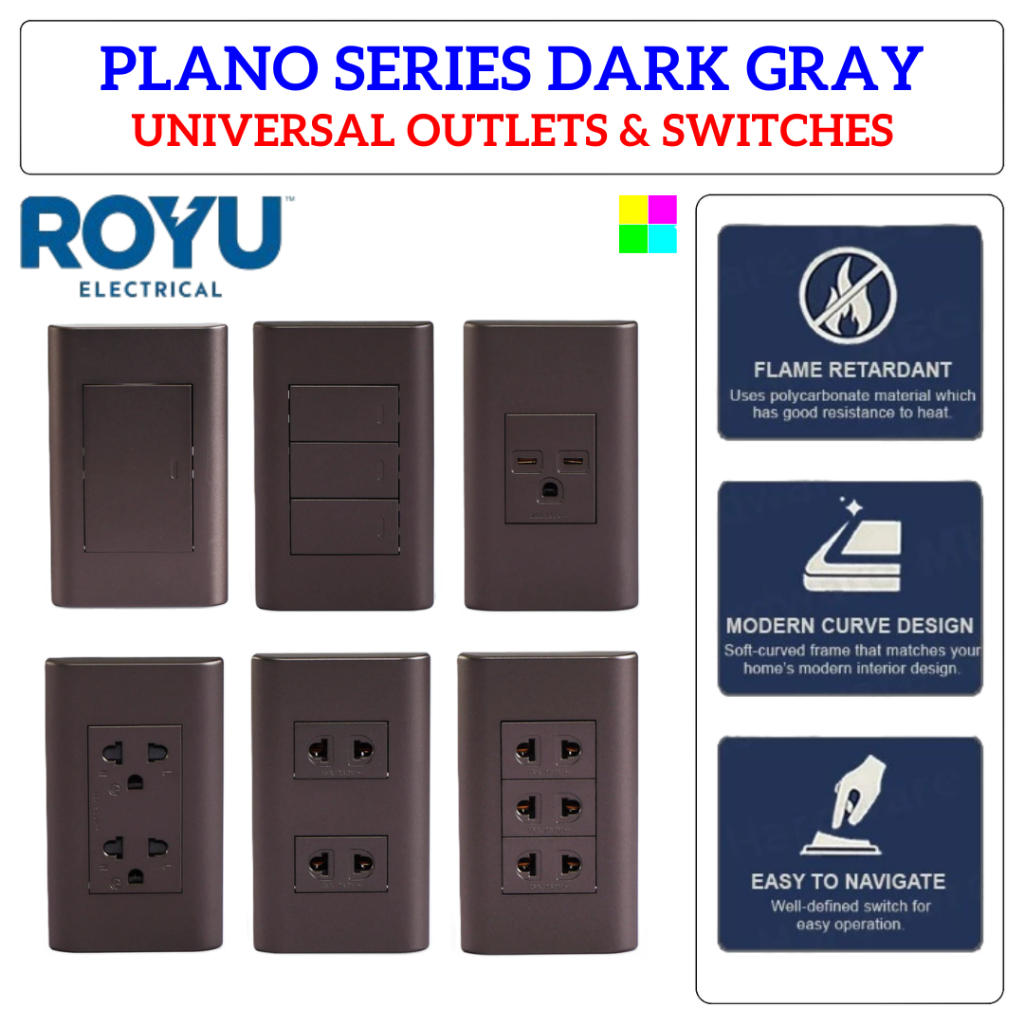 Royu PLANO SERIES DARK GRAY Universal Outlets & Switches (1Gang, 2Gang ...