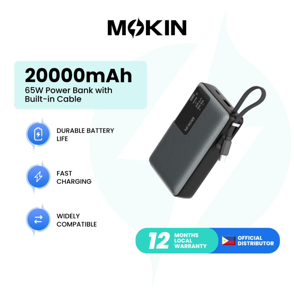 MOKiN 20000mAh 65W Power Bank with Built-In-Cable - PH | Shopee Philippines