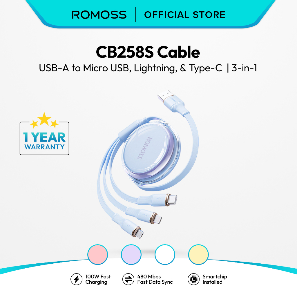 Romoss CB258S 18W 3-in-1 Retractable Charging Cable USB-A To Type-C/Iph ...