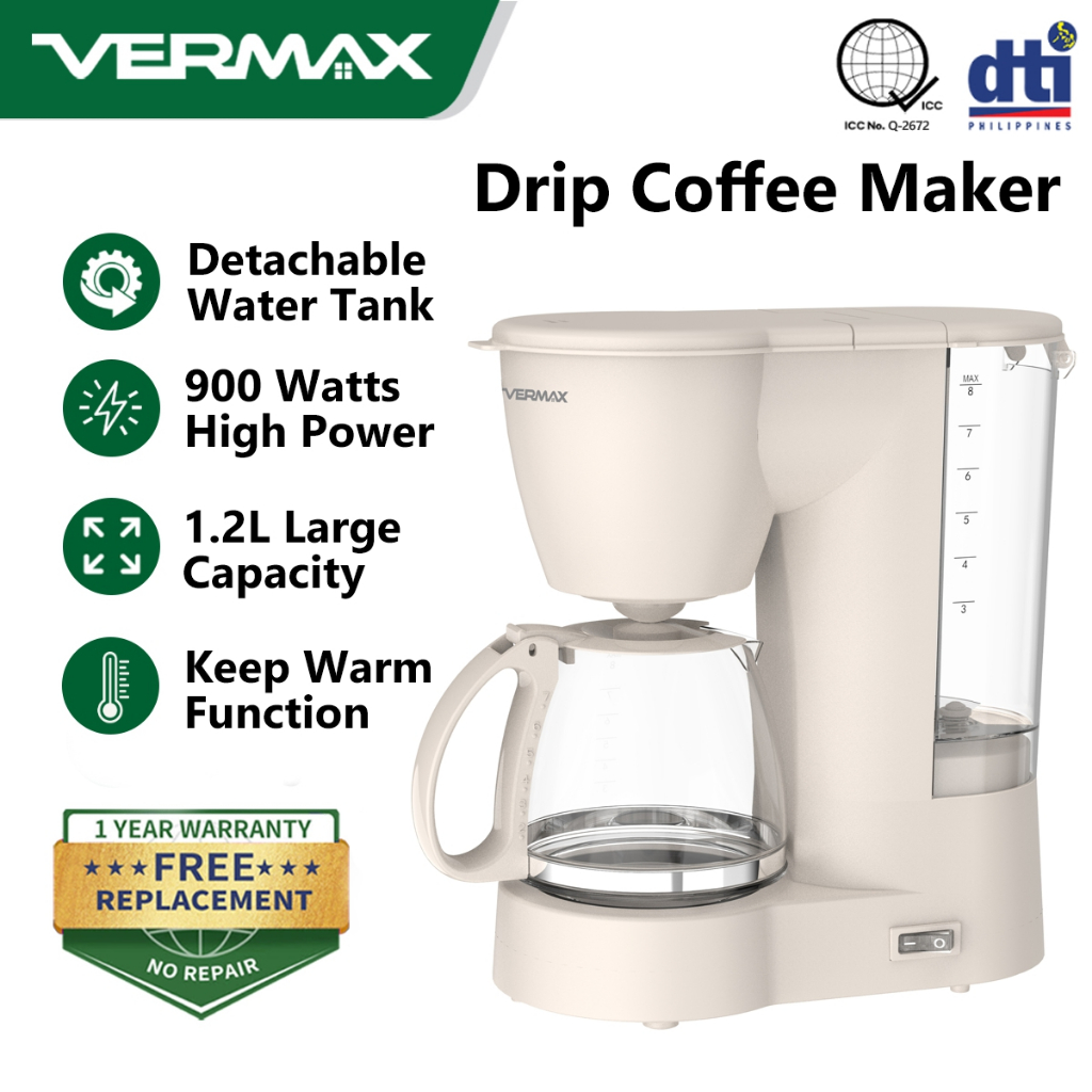 Vermax Drip Coffee Machine 1.2L/0.8L with Detachable Water Tank & Cone ...