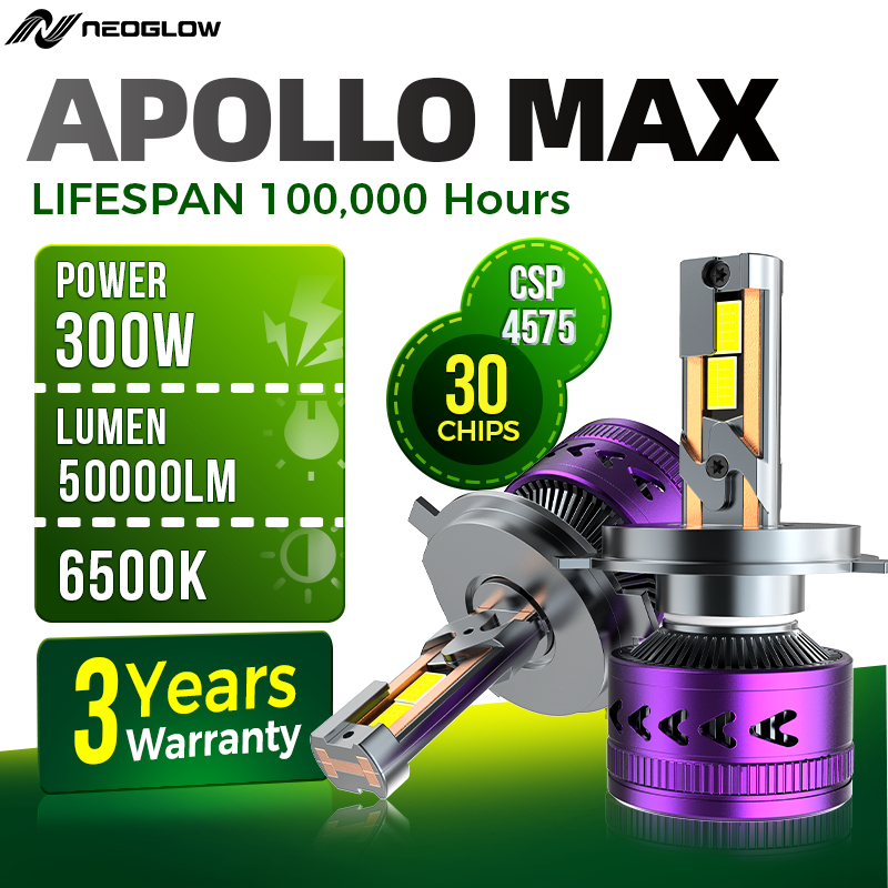 NeoGlow Apollo Max 300W 50,000LM 6500K Lighting LED Headlight – H4/H11, Ultra Bright 3-Year ...
