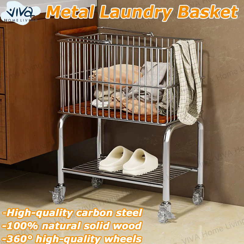 Metal Trolley Laundry Basket With Wheels Rolling Clothes Hamper Bedroom ...