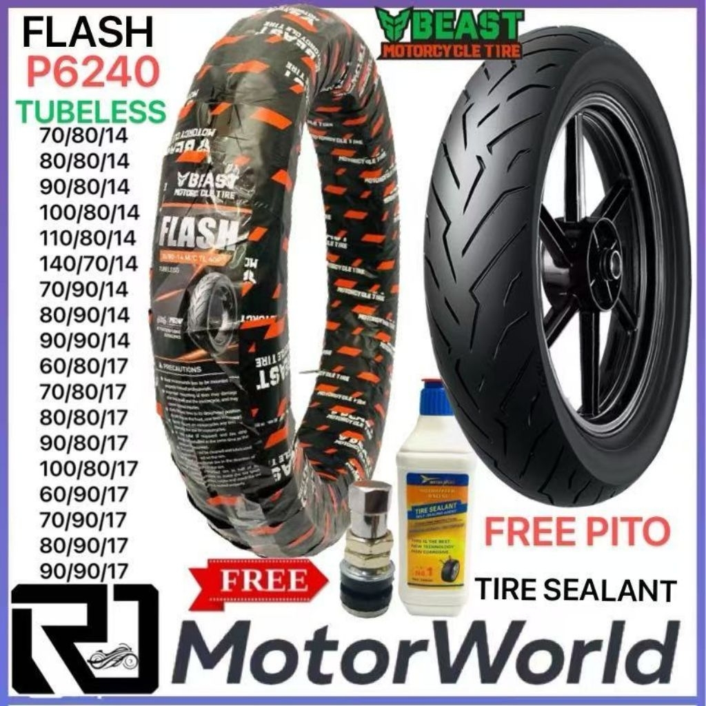 BEAST FLASH/P6240 TUBELESS TIRE BY 14/17 For Motorcycle FREE PITO AND ...