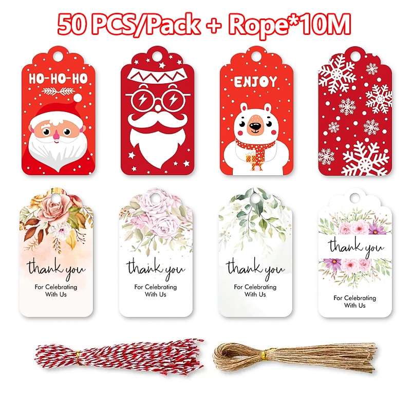 50Pcs Gift Tags Thank You Card Celebrating Hang Tag with Rope Christmas ...