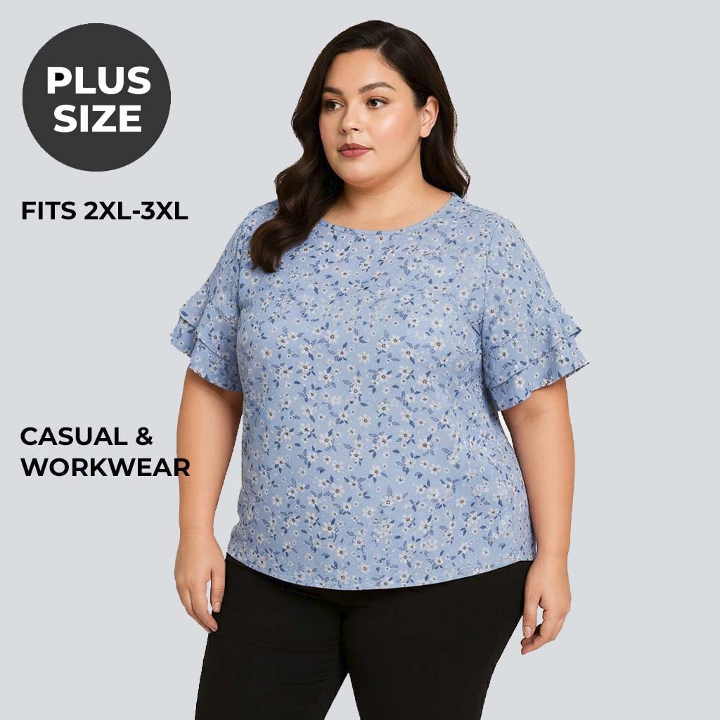 Plus Size 2XL–3XL Blue Floral Blouse for Women – 2-Layer Ruffle Sleeve ...