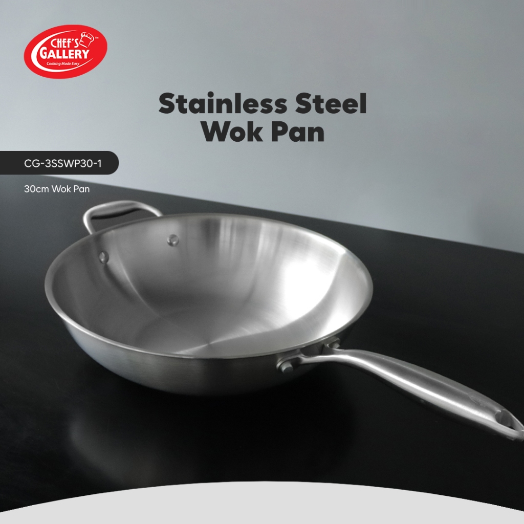 Chef's Gallery 18/8 Stainless Steel 3-Ply Construction Wok Pan 30cm ...