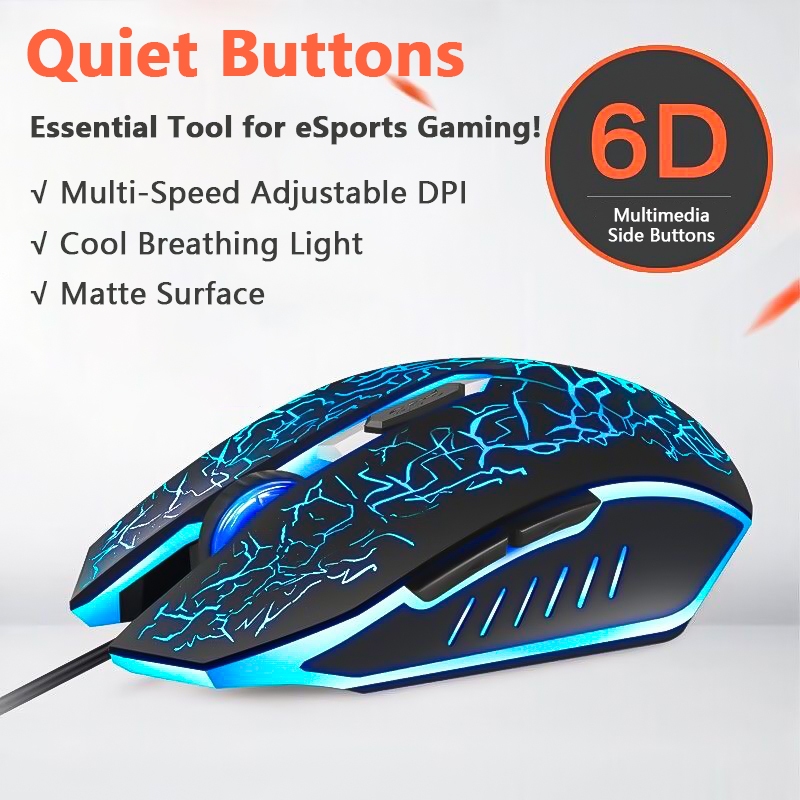 Wired Crack Gaming Mouse with 7Color Breathing Backlight 4Speed DPI and ...