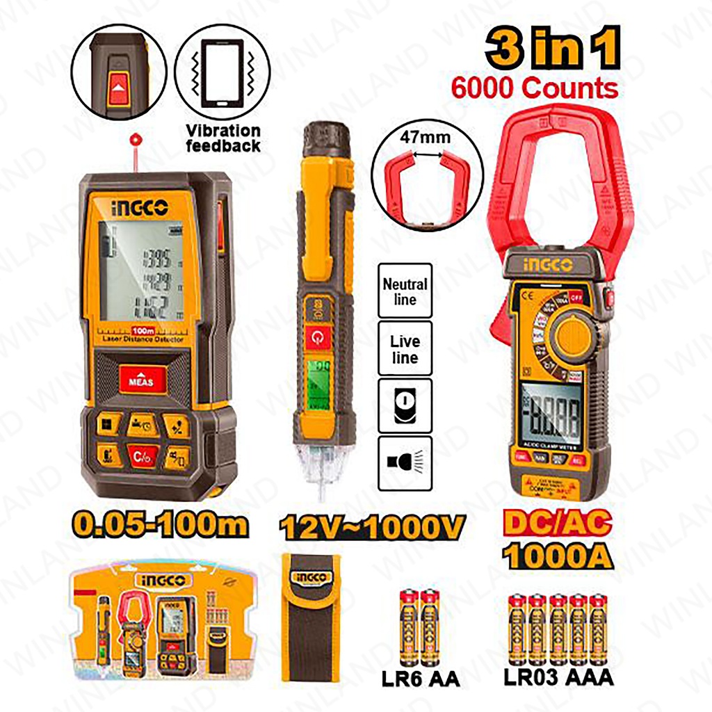 Ingco by Winland 3PCS Combo Kit Laser Distance Detector with Laser & DC ...