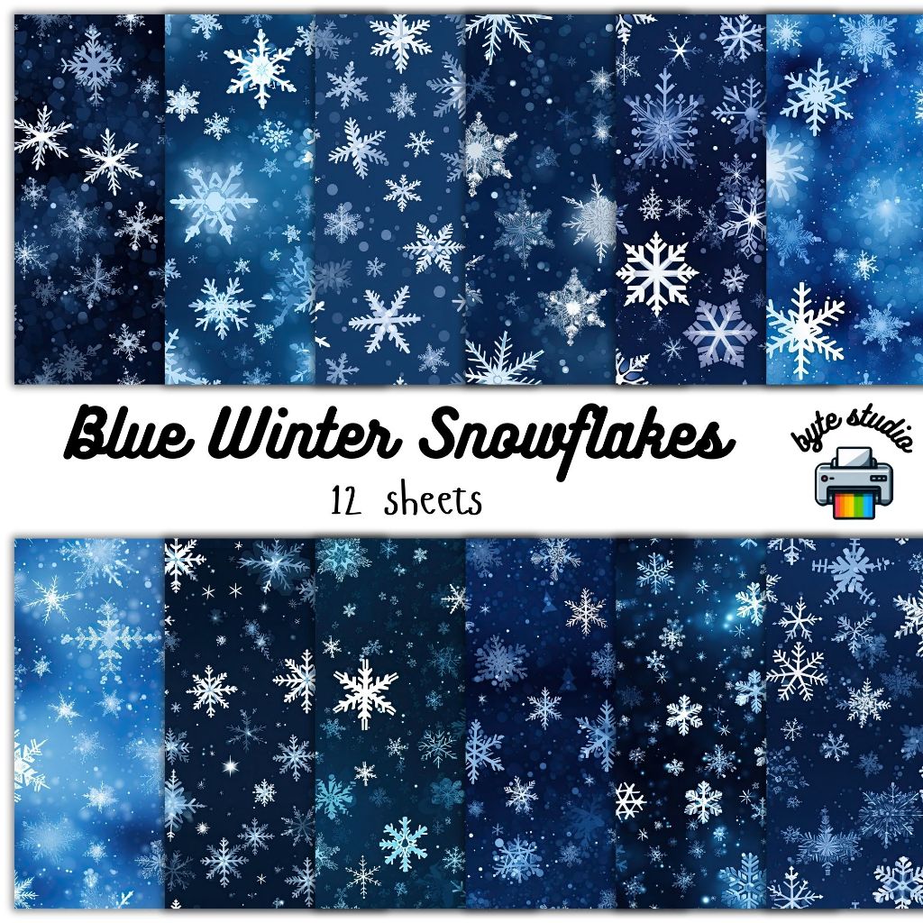 12 Sheets Blue Winter Snowflakes by byte studio | Cardstock Craft Paper ...