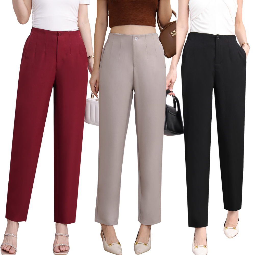 High Waist Trouser Pants for Women Straight Cut w/ Pleats Garter Back ...