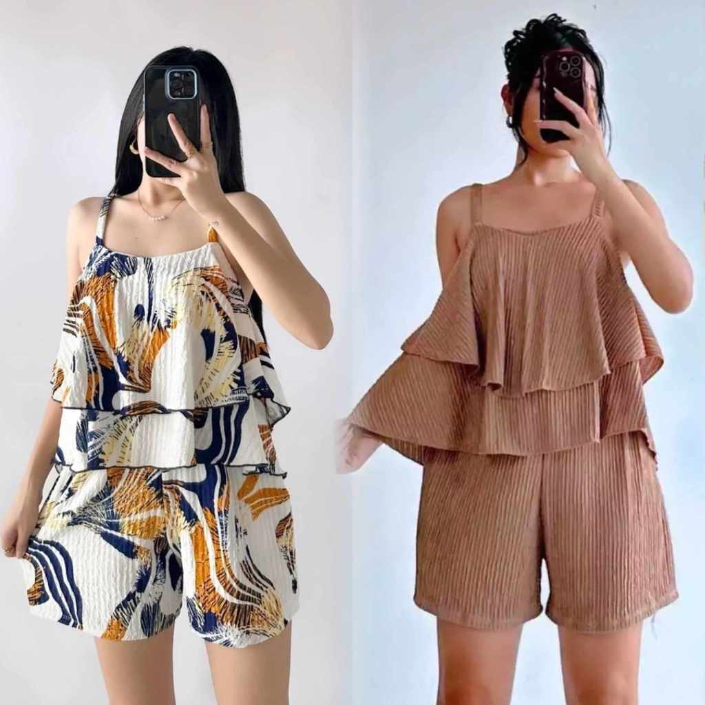 D&C Bark Crepe Layered Ruffle Top Terno Short Sets | Shopee Philippines