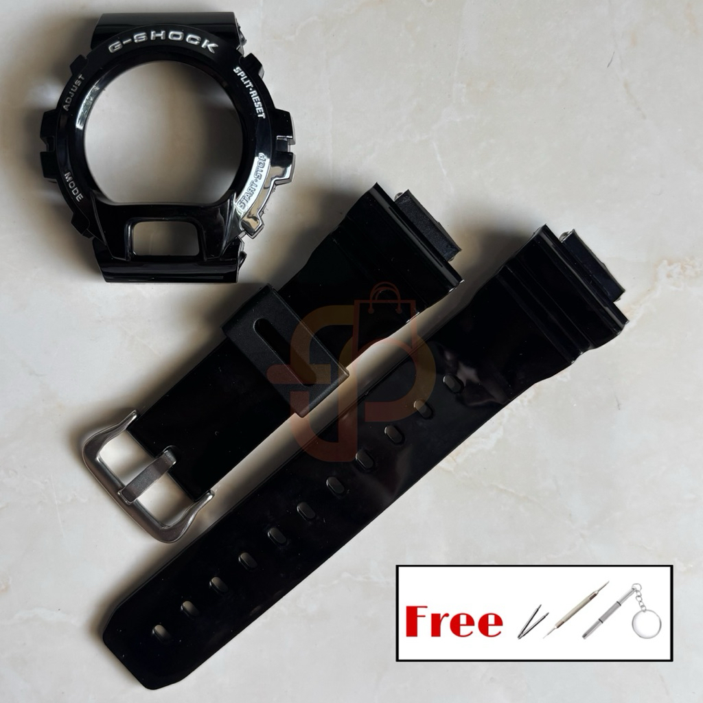 Replacement Strap & Bezel Glossy Black white for Gsh0ck DW6900 DW-69000 ...