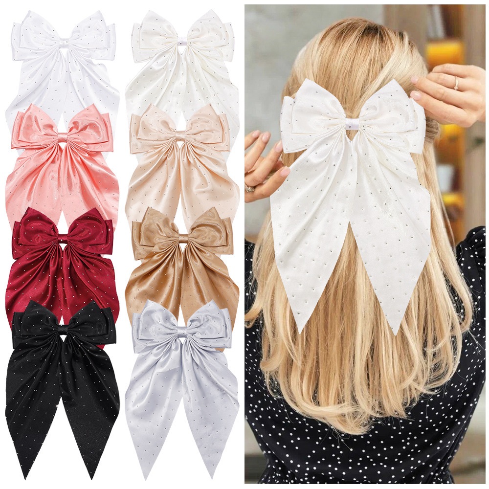 Chiffon &Rhinestone Long Ribbon Bow Hair Clip with Spring Clip Hair ...