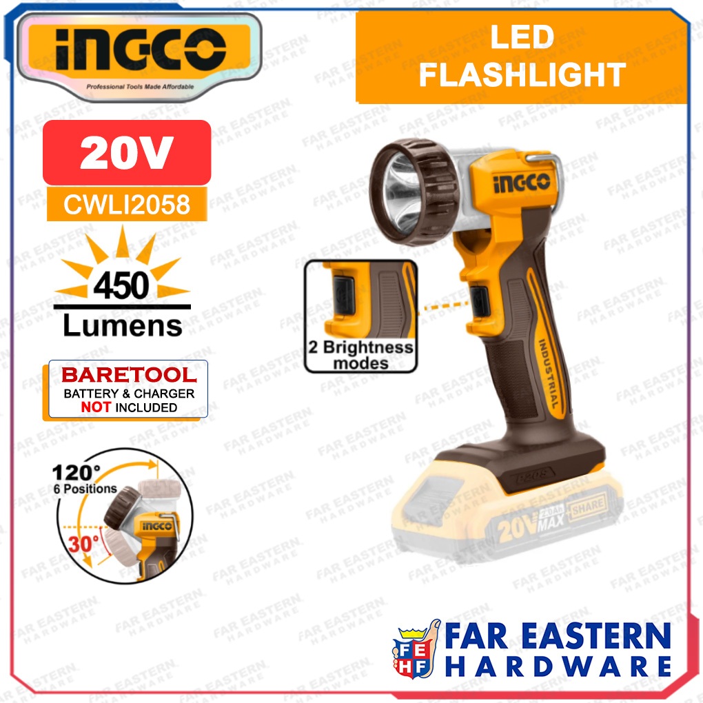 INGCO Cordless LED Flashlight Portable Work Light Lamp Torch 20V ...