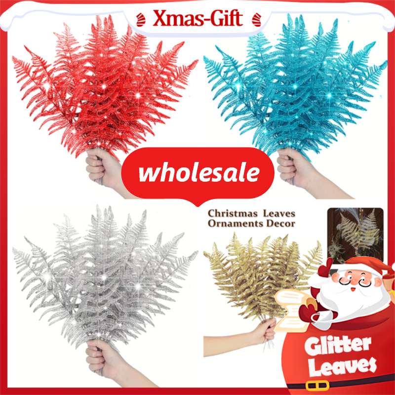 6/12Pcs Christmas Glitter Leaves Artificial Tropical Leaf Christmas ...