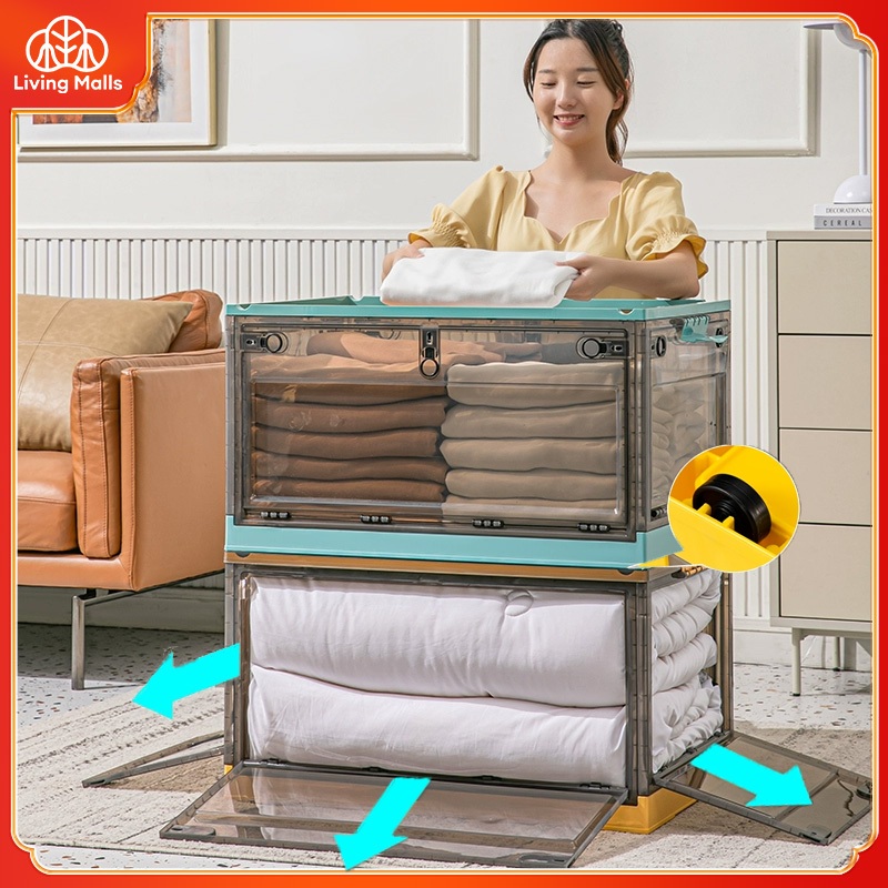 Living 120L Foldable Storage Box With Wheels Transparent Double Doors ...