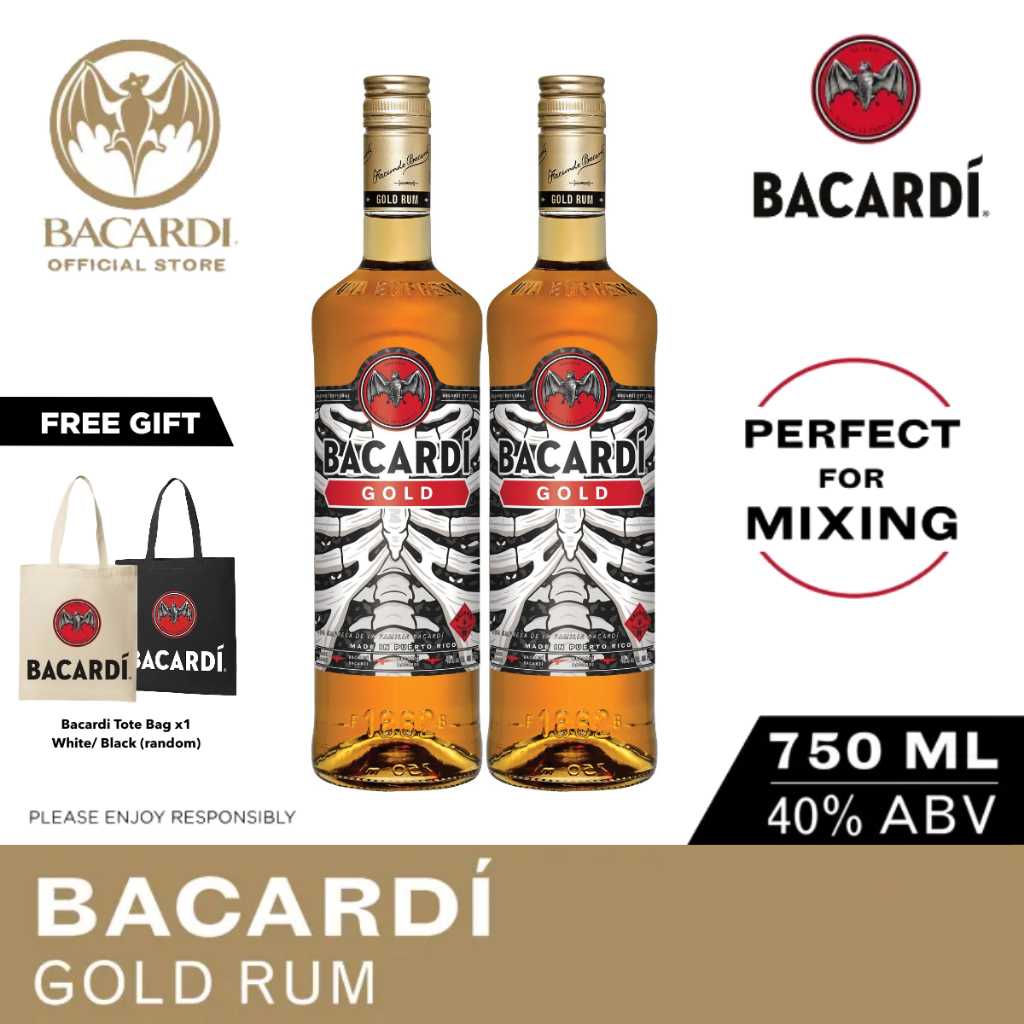 [Bundle of 2] BACARDI Gold Rum - 750ml / 75cl, 40% ABV x2 w/FREE Tote ...