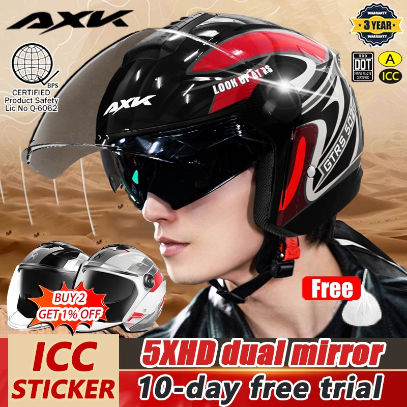 AXK Half face helmet Motorcyclehelmet ICC Sticker 5XHD Dual Visor ...
