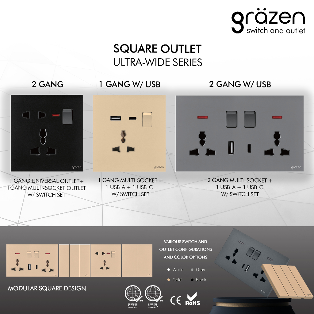 GRAZEN Square Outlet Universal Multi-Socket USB Type-A Type-C Black ...