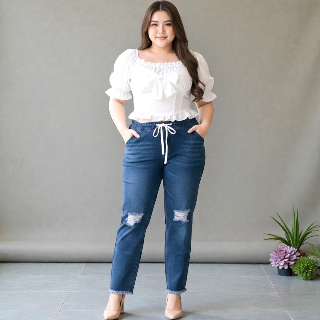 GARTERIZED JOGGER AUGUST BIG PLUS size DENIM Maong pants High Waist W ...