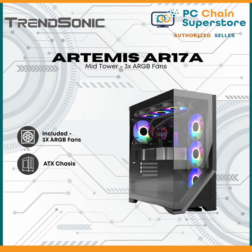 TRENDSONIC ARTEMIS AR17A TG MID TOWER ATX CASING - 4X ARGB FANS / TYPE ...