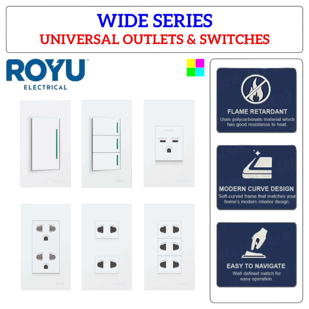 Royu WIDE SERIES Universal Outlets & Switches (1Gang, 2Gang, 3Gang, ACU ...