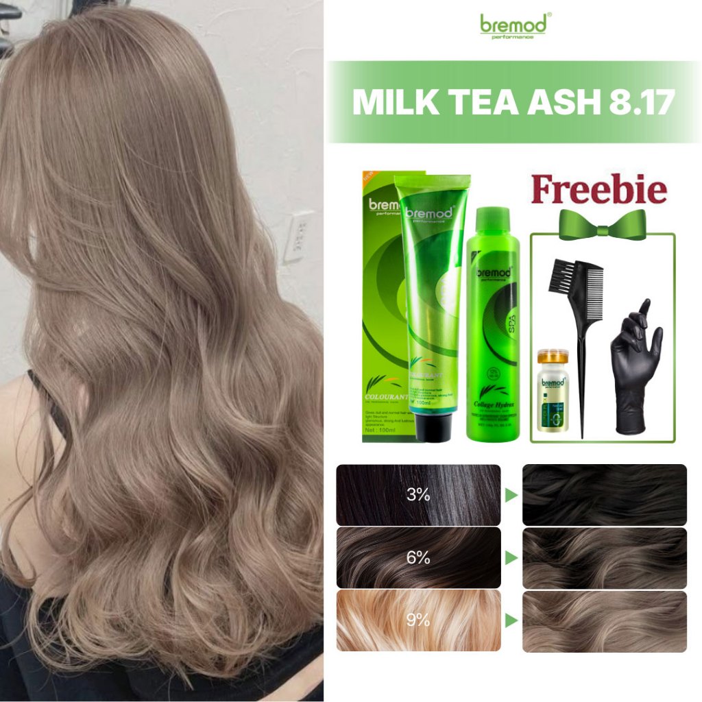 Bremod Hair Color 8.17 Milk Tea Ash Hair Dye Cream 100ml Oxidizer Hair ...