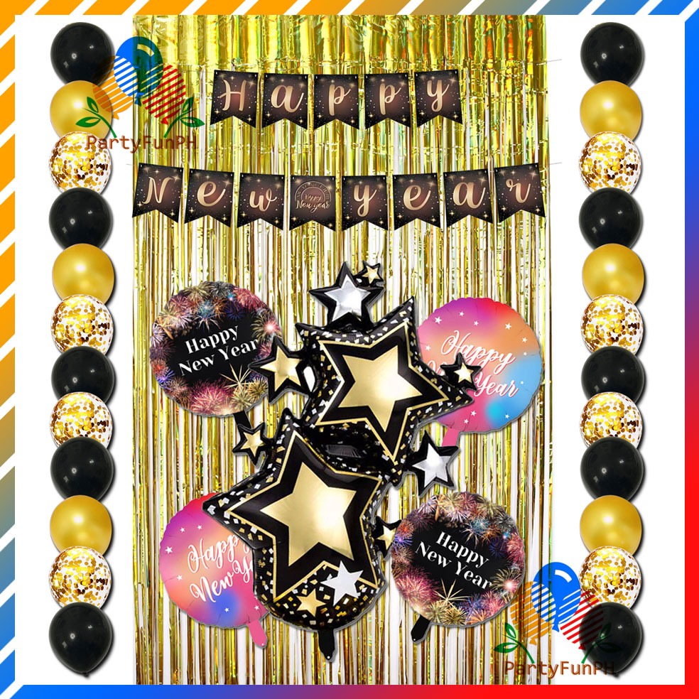 NEW SET Happy New Year Decorations Balloons Party Supplies Curtain ...