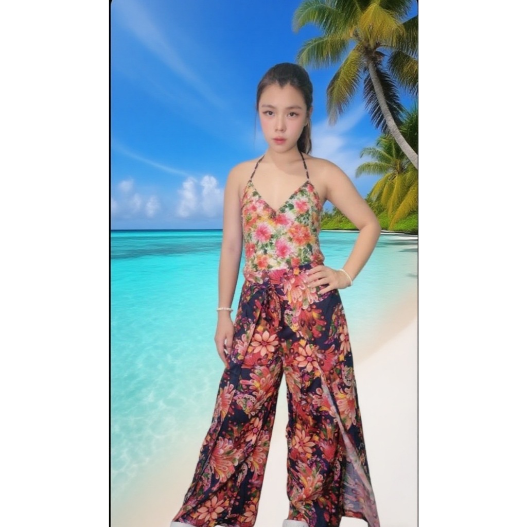 T901 FLORAL SUMMER BEACH FREE SIZE SQUARE PANTS WRAP AROUND SLIT TIE ...