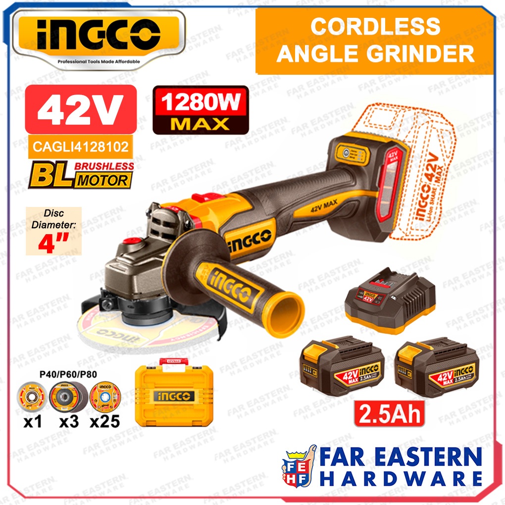 INGCO Cordless Brushless Angle Grinder 4" KIT 42V CAGLI4128102 INPTCL ...