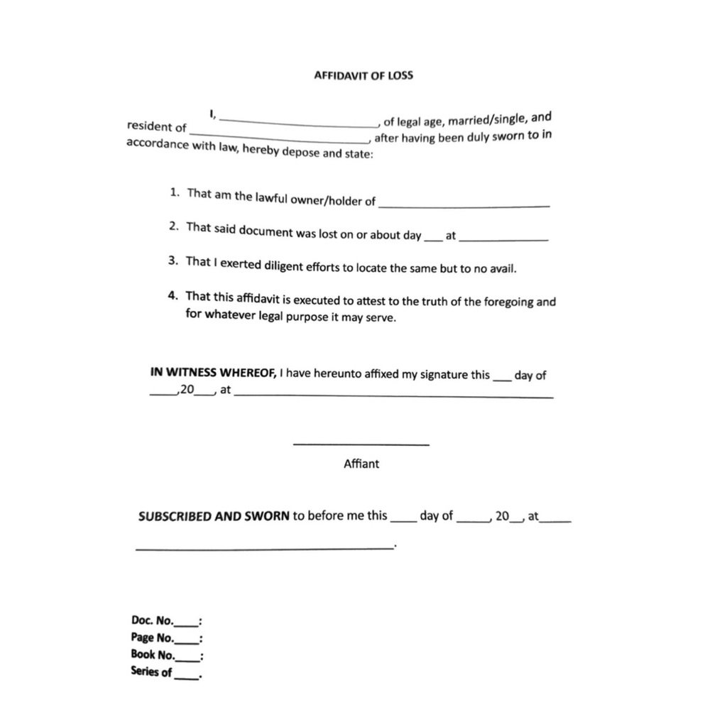 affidavit of loss template, legal size , document form for notarization ...