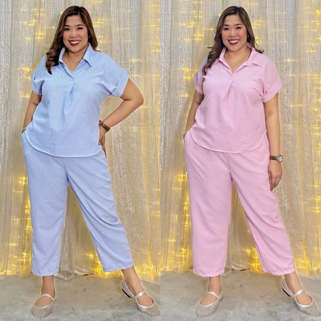 SEERSUCKER COLLARED NOTCH NECK BLOUSE & CROPPED PANTS COORDS | Shopee ...
