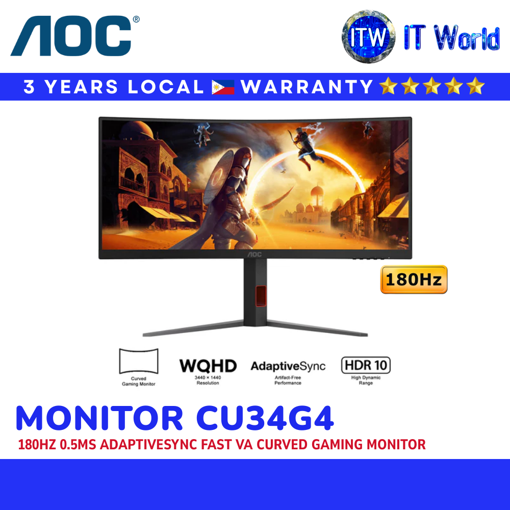 AOC AGON CU34G4 Gaming Monitor | 34" UWQHD / 180Hz / 1ms / HDR10 Curved | itw | Shopee Philippines