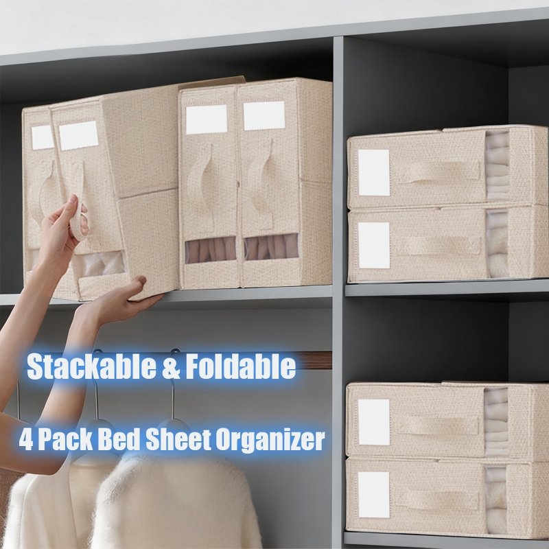4 Pack Bed Sheet Storage Box Foldable Dustproof Linen Closet Organizer ...