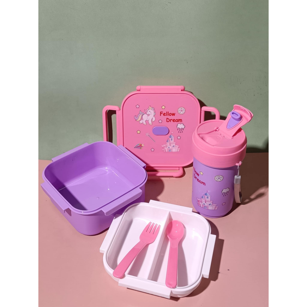 3 in 1 Lunch Box with Spoon Fork & Tumbler set for Kids Leak-Proof Lid ...