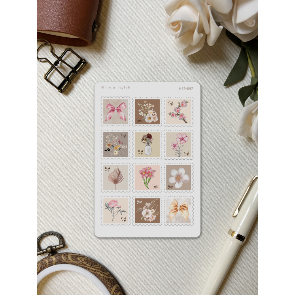 Floral Postage Stamp Sticker Sheet, Aesthetic Stickers for Planner and ...