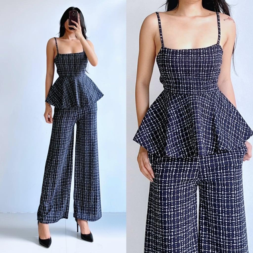 Checkered Print Casual Crepe Terno with Peplum Top and Wide Leg Pants ...