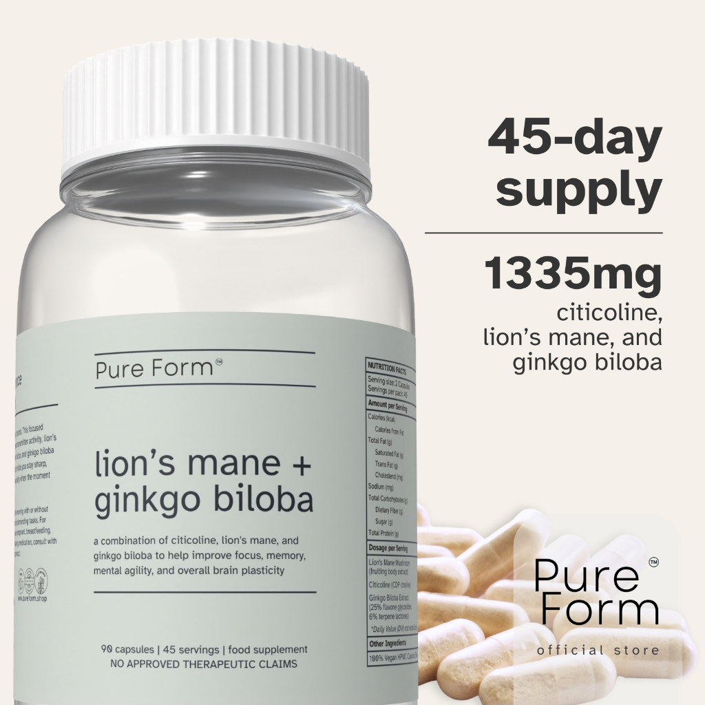 Pure Form Lion's Mane + Ginkgo Biloba | 1335mg Lion's mane, Citicoline ...