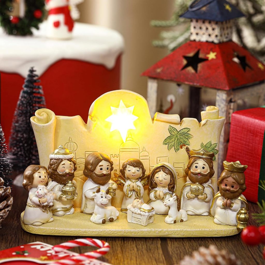 Christmas Belen Holy Family Resin Statue Nativity With Light Xmas ...