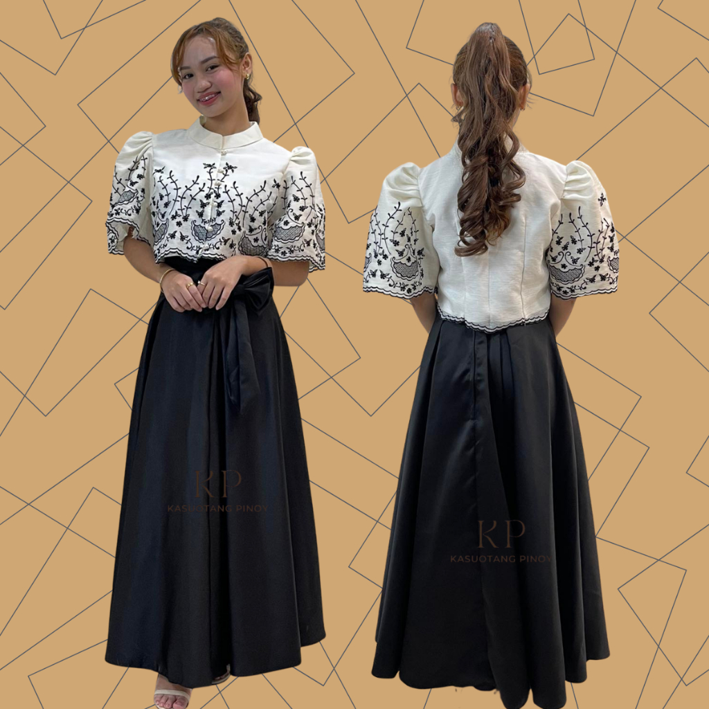 Kasuotang Pinoy Premium Filipiniana Top with Ribbon Duchess Skirt ...