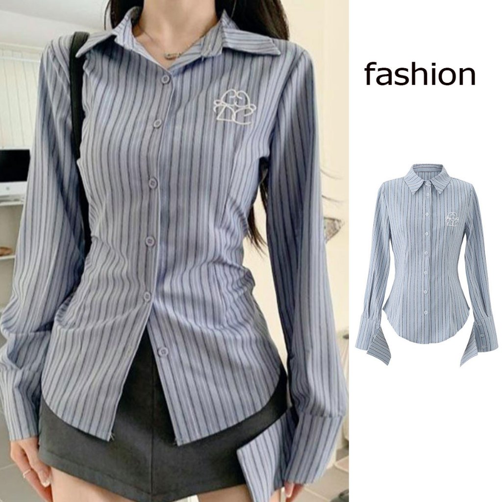 American College Style Striped Long Sleeves Shirt for Women Autumn Slim ...