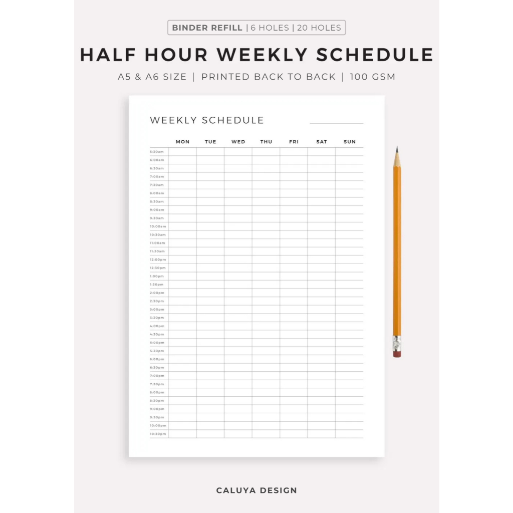 A5 A6 Half Hour Weekly Schedule Planner Binder Refill Loose Leaf Binder ...