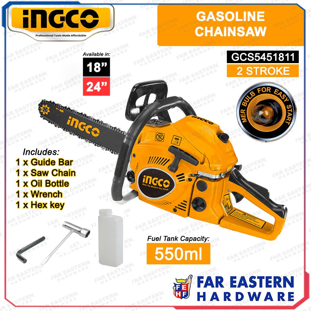 INGCO Gasoline Gas Chainsaw 2 Stroke 18" | 24" GCS5451811 | GCS5602411 ...