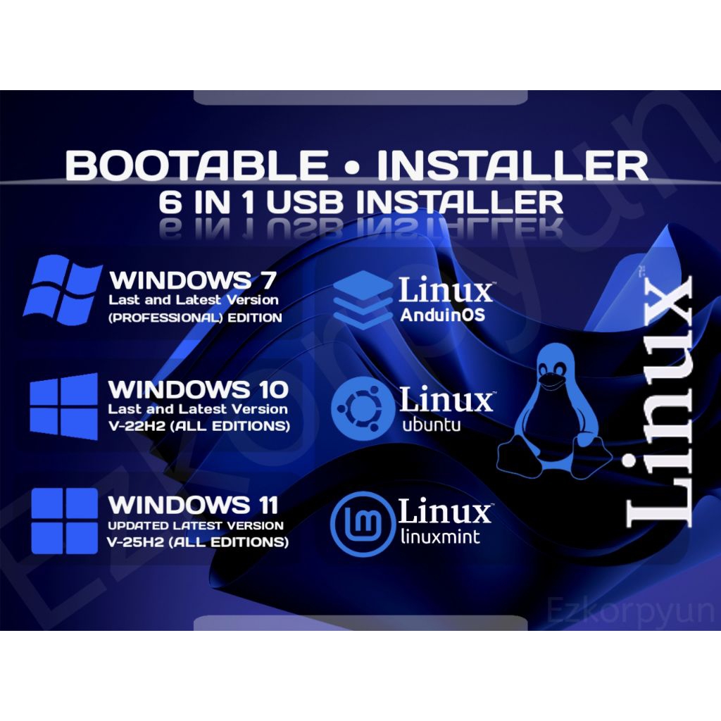 USB BOOTABLE INSTALLER 6 IN 1 DRIVE WIN7/10/11 LINUX UBUNTU/MINT/ANDUIN ...
