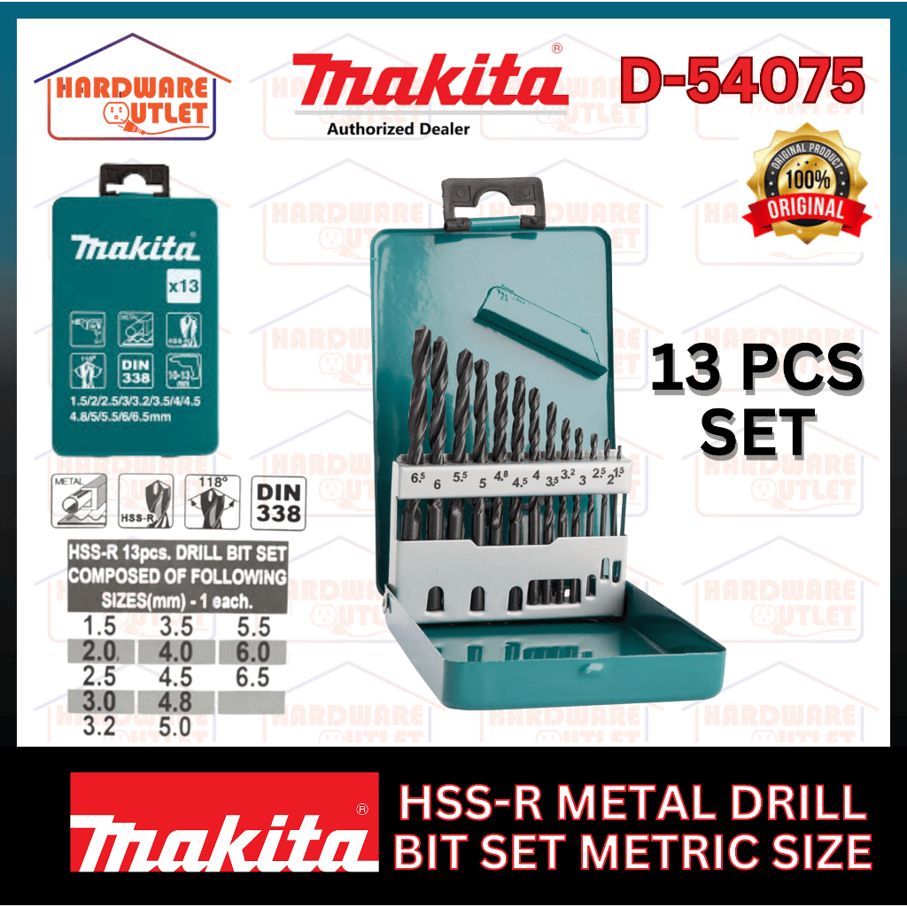 Makita 13 PCS HSS-R Drill Bit Set for Metal D-54075 1.5 mm to 6.5 mm ...