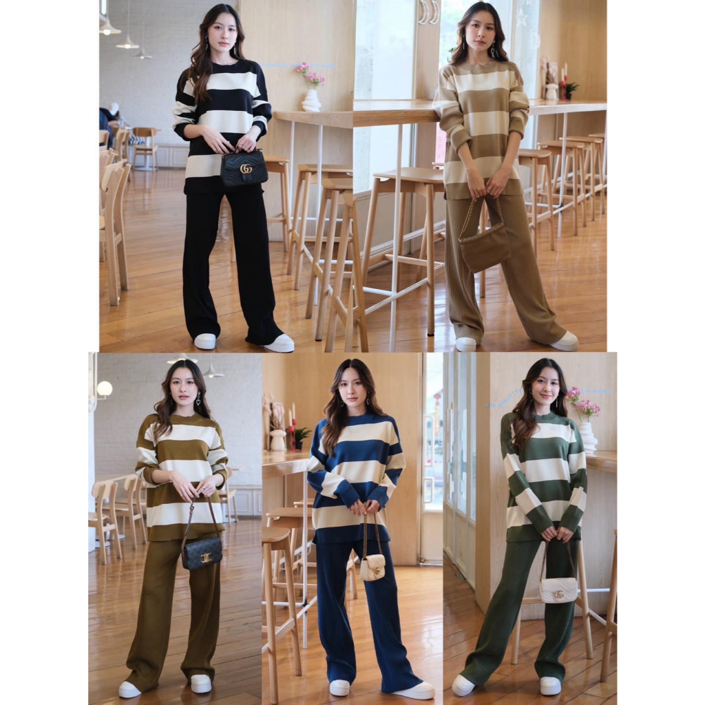 EZ Side Slit Hem Long Sleeve Stripe Top & Wide Leg Garter Ribbed Pants ...