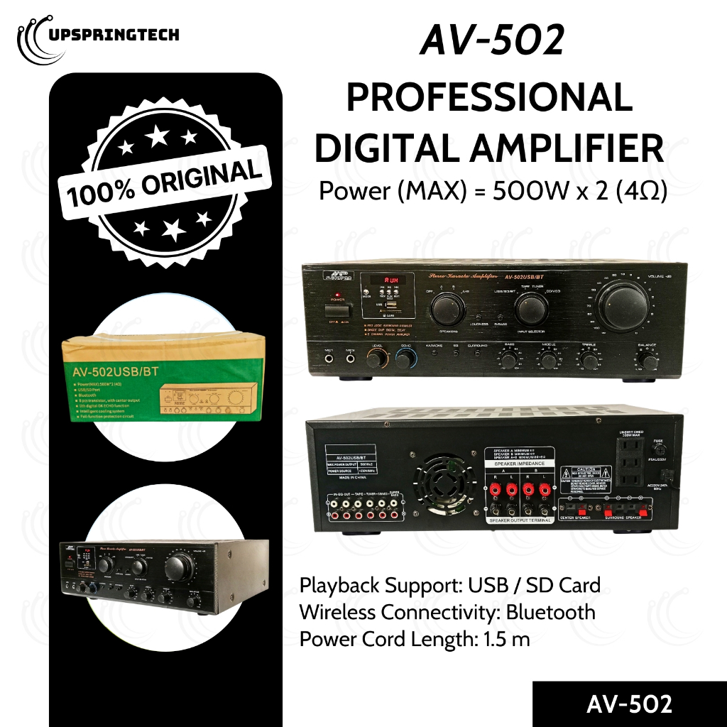UpspringTech AV-502USB/BT 500W x 2 Professional Digital Stereo Echo ...