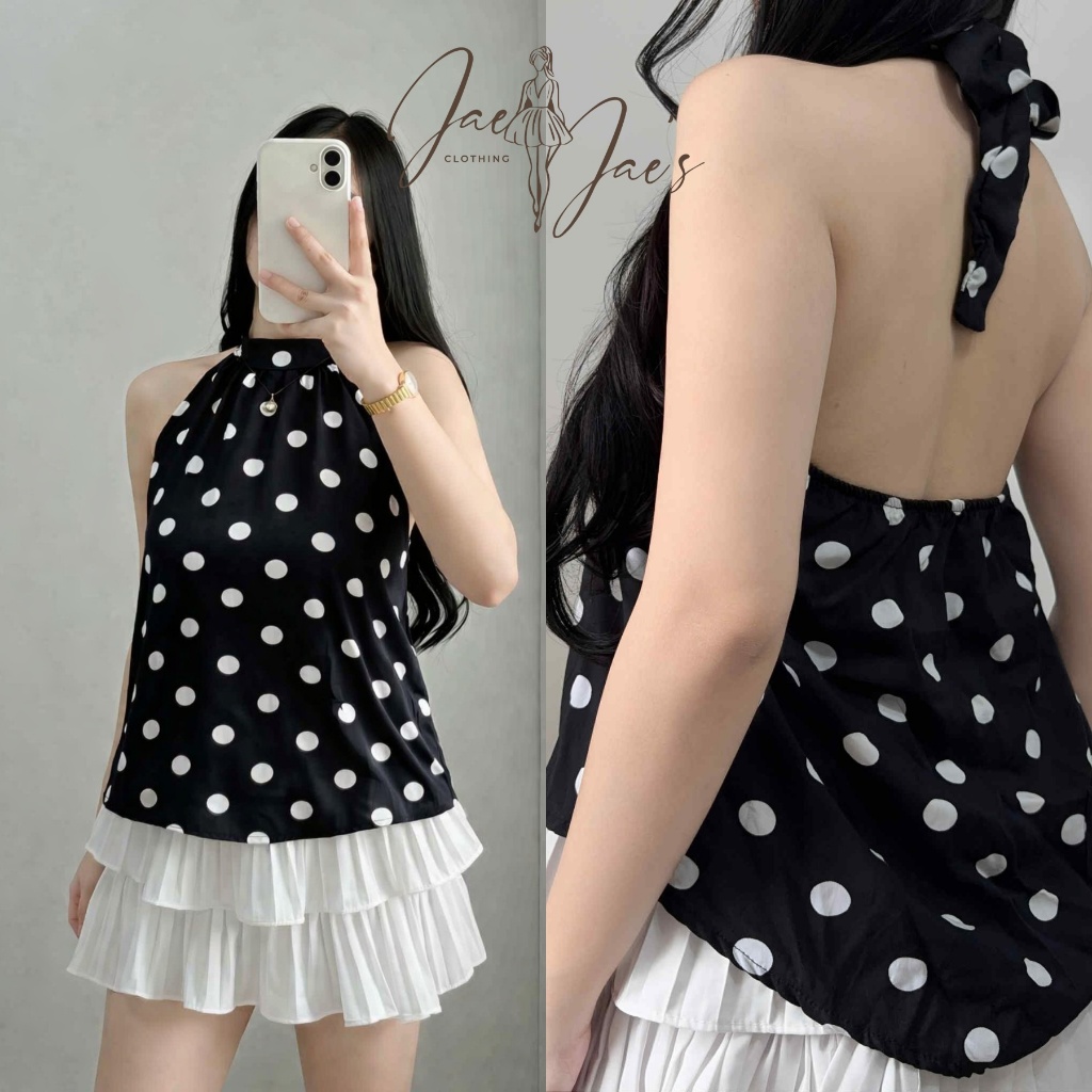 Maggie Linen Halter Polka Dot Backless Hanging Top For Women | Shopee ...